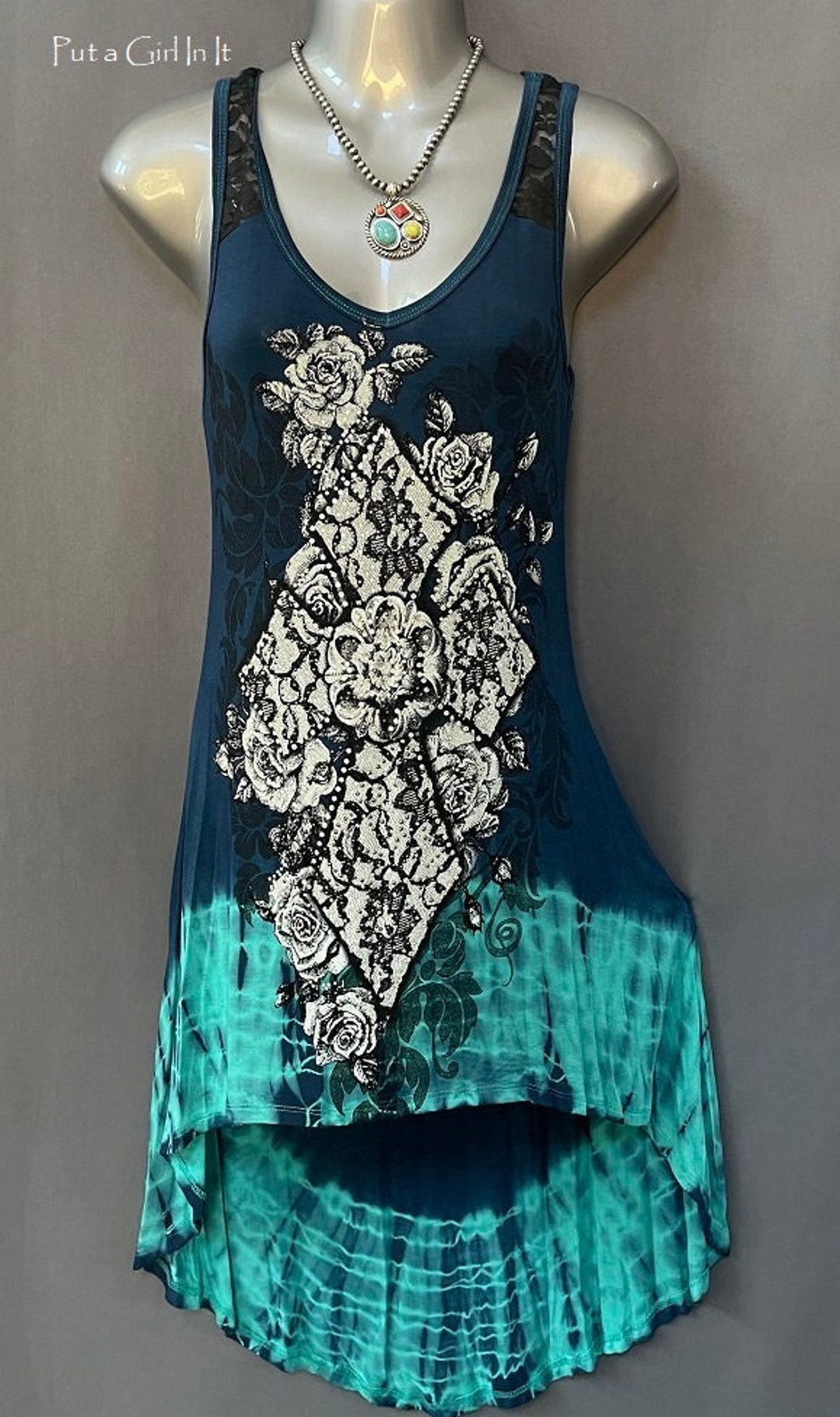 New Vocal Apparel Womens Crystal Embellished Blue Jade Mint Tie Dye Lace Contrast Hi Low Shirt ...