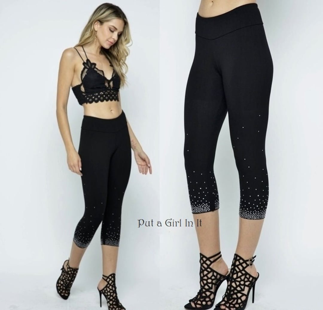 New Vocal Apparel Womens Jersey Soft Black Crystal Embellished Capri ...