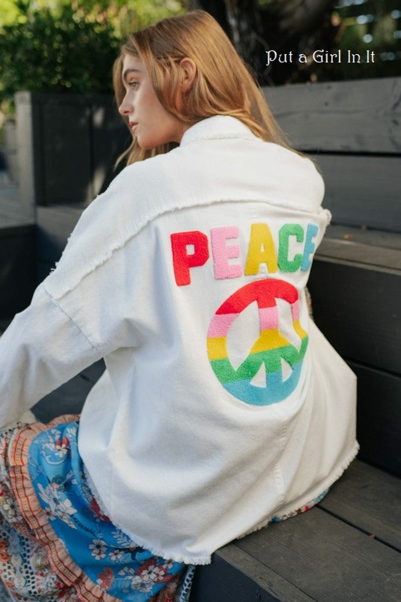New Womens Soft White Rainbow Peace Sign Distressed Oversized Utility ...