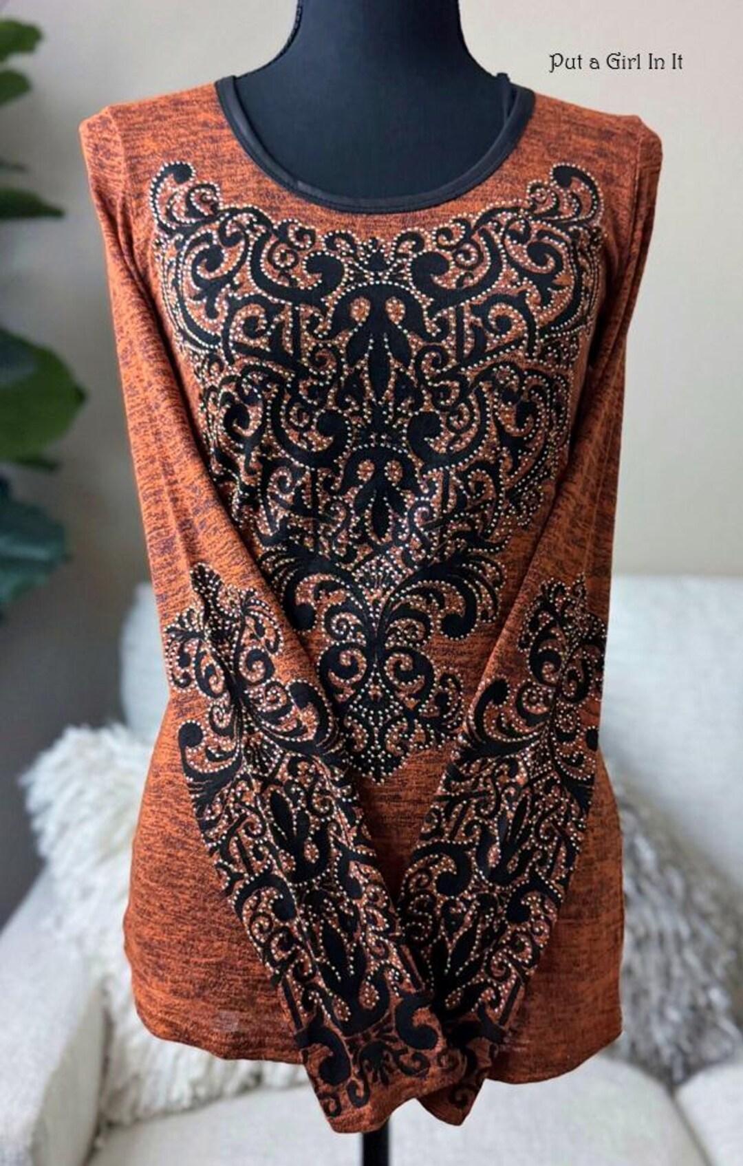 New Vocal Apparel Womens Crystal Embellished Rust Black Floral Burnout ...