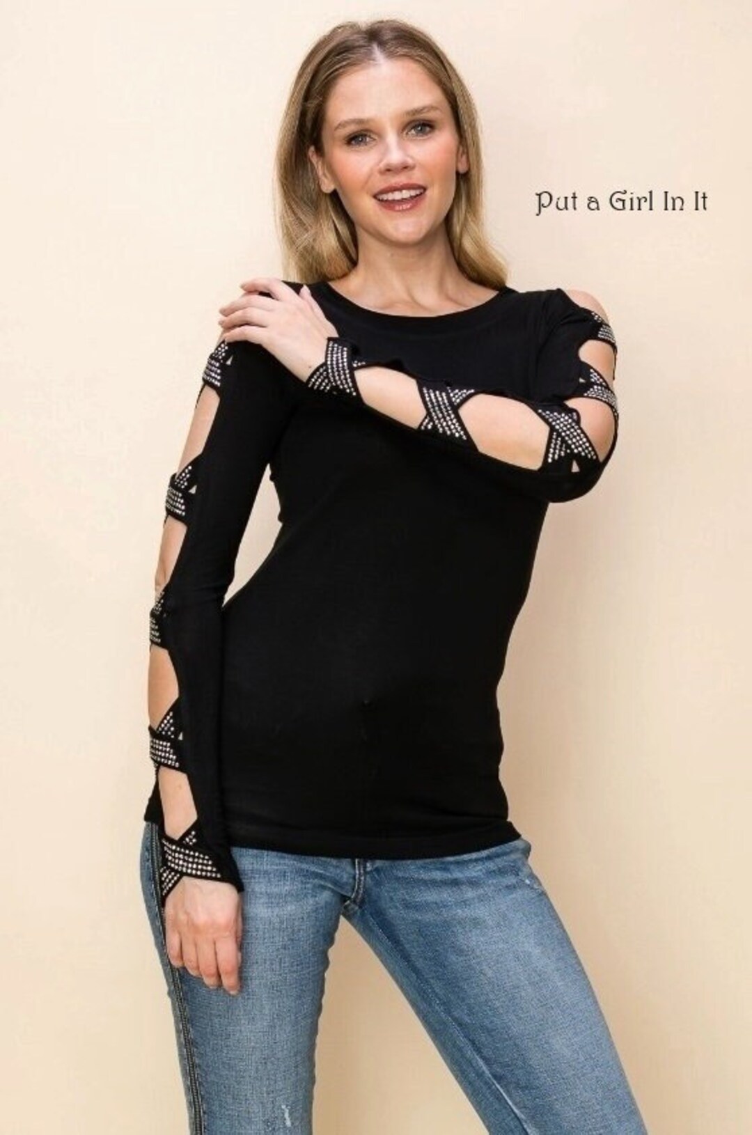 New Vocal Apparel Womens Womens Boho Embellished Black Criss Cross Soft Bling Long Sleeve Shirt ...