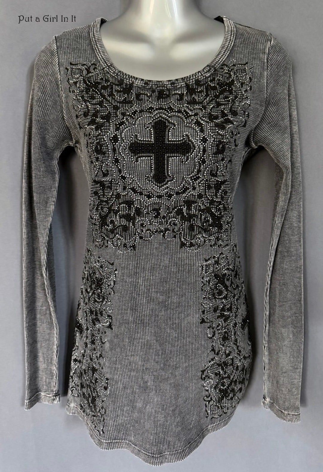 New Vocal Apparel Womens Crystal Embellished Black Gray Mineral Dyed ...
