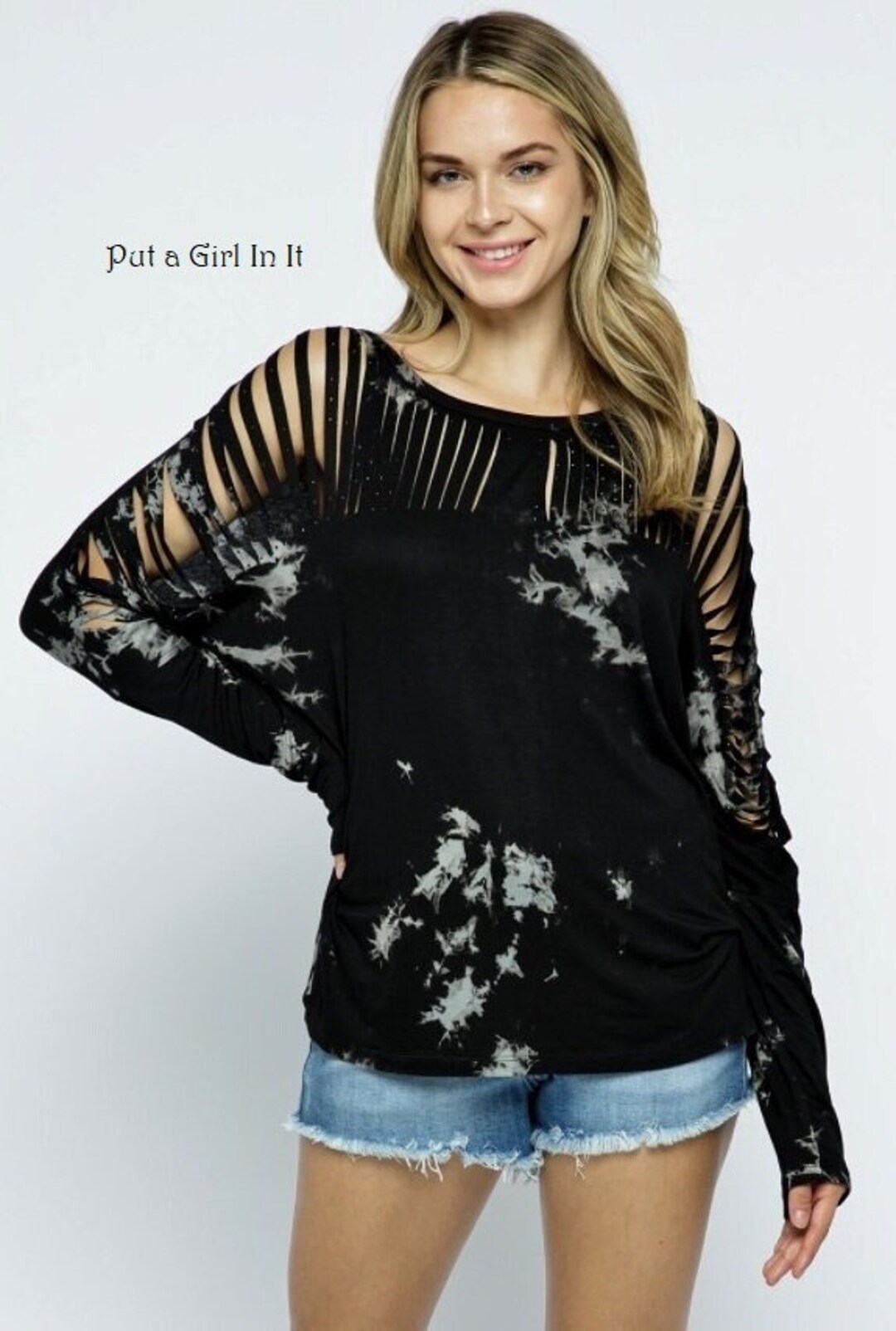 New Vocal Apparel Womens Crystal Embellished Black Tie Dye Laser Cut Slashed Dolman Boho Shirt ...