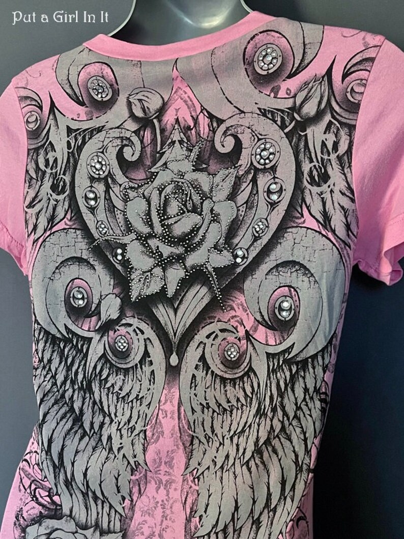 New Vocal Apparel Womens Retro Crystal Embellished Pink Rose Angel ...