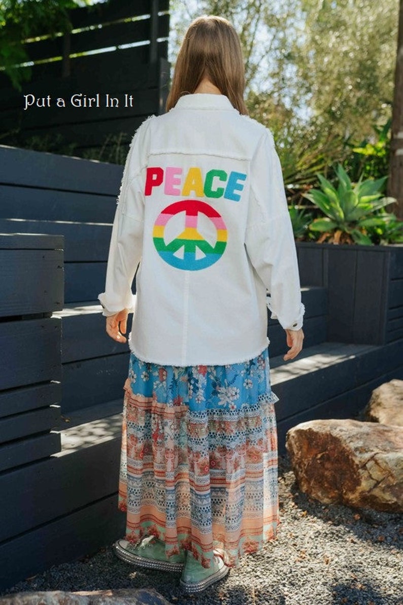 New Womens Soft White Rainbow Peace Sign Distressed Oversized Utility ...