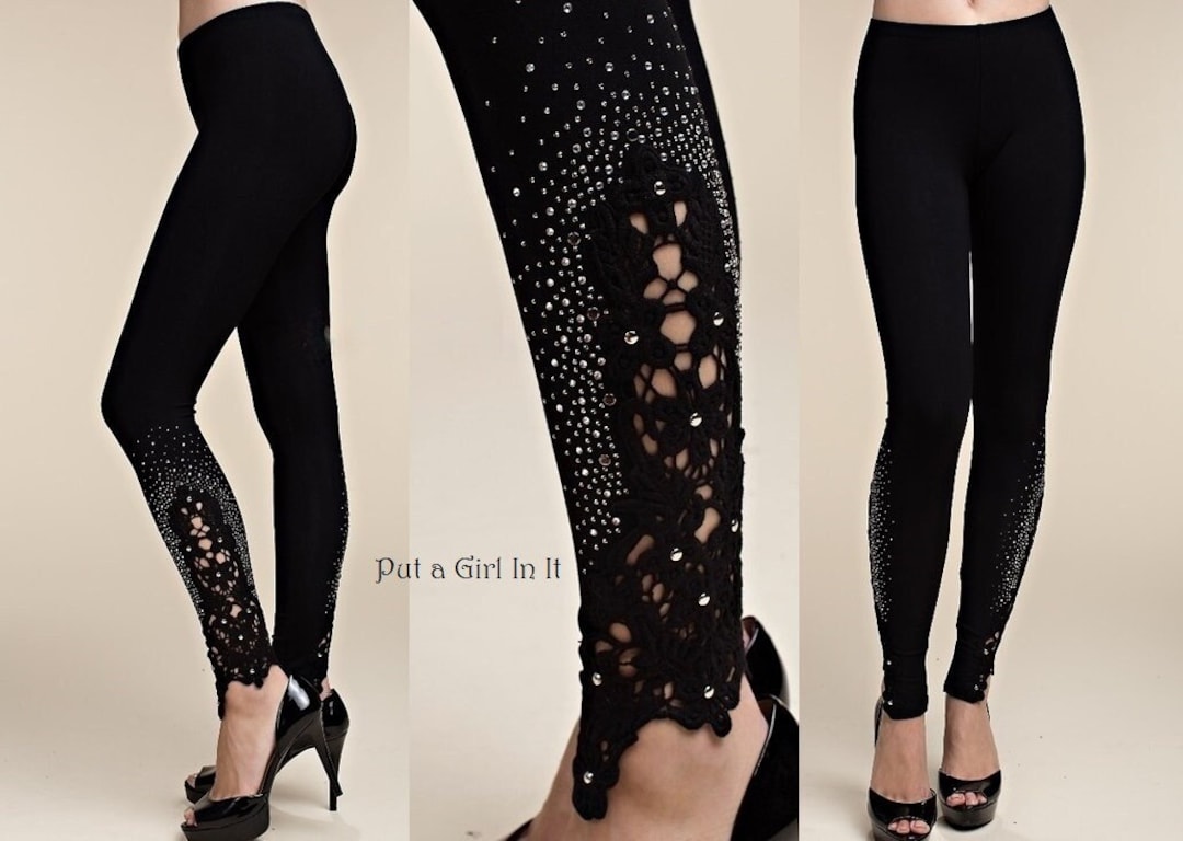 New Vocal Apparel Womens Jersey Soft Black Crystal Embellished Crochet Lace Leggings S M L Xl 1x ...