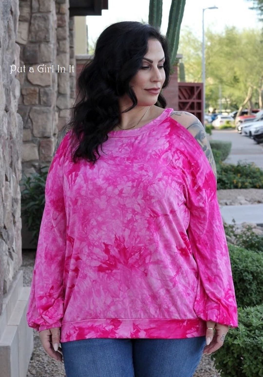 New Womens Plus Size Bright Fuchsia Pink Tie Dyed Cold Shoulder Top ...