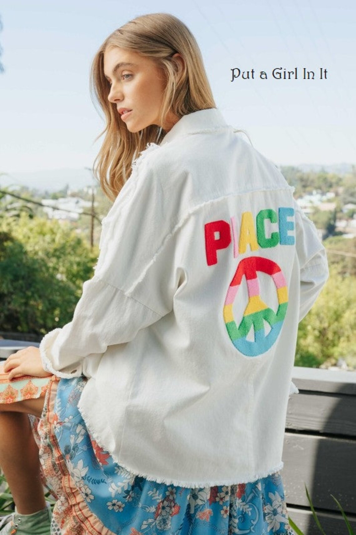 New Womens Soft White Rainbow Peace Sign Distressed Oversized Utility ...