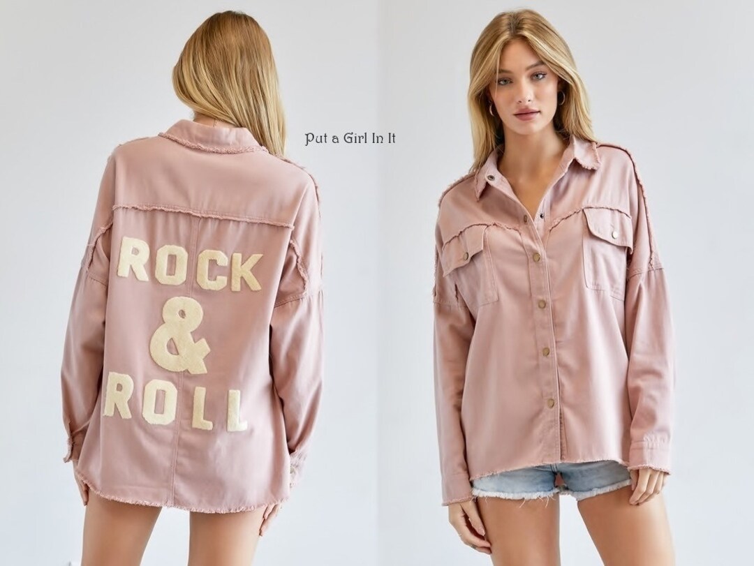 New Womens Blush Pink Peace Sign Distressed Utility Shacket Jacket S M ...