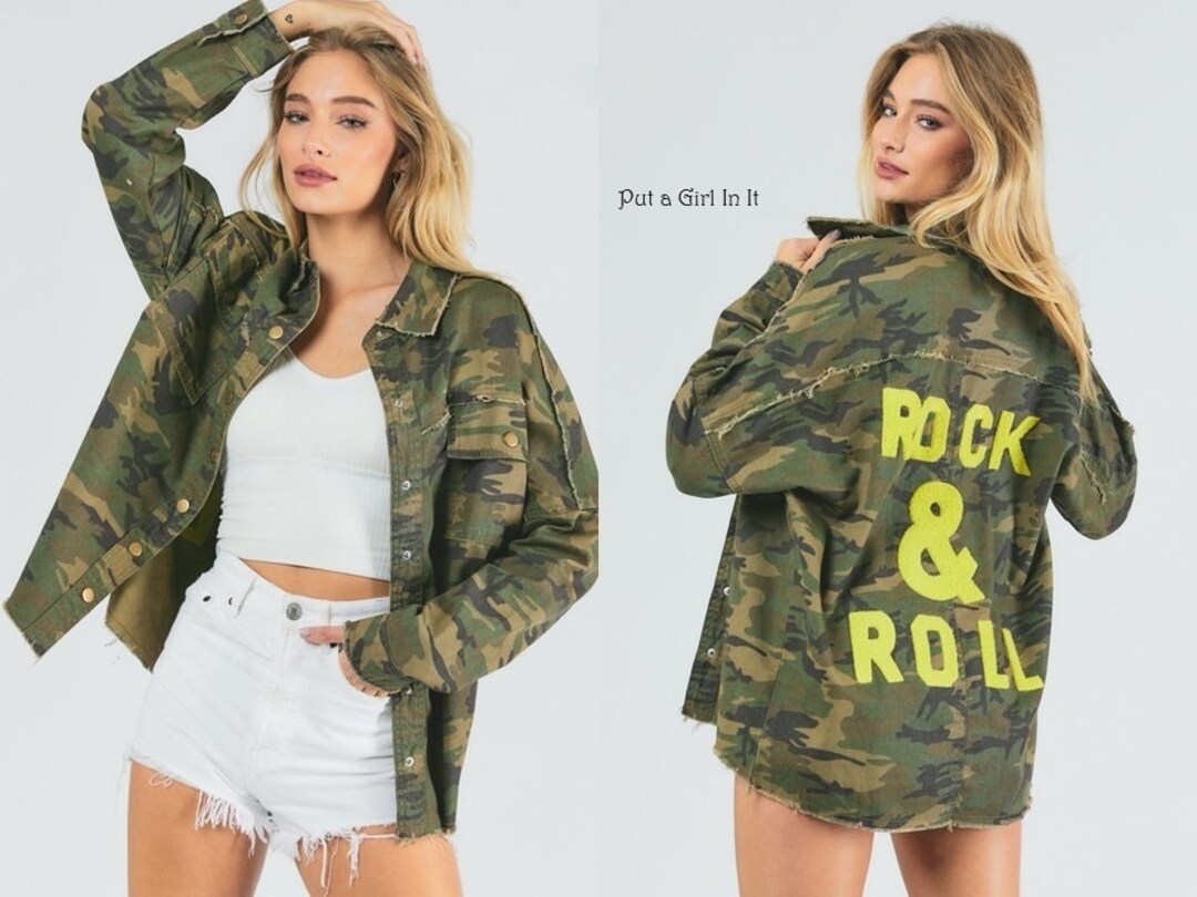 New Womens Camouflage Camo Rock & Roll Distressed Oversized Utility ...