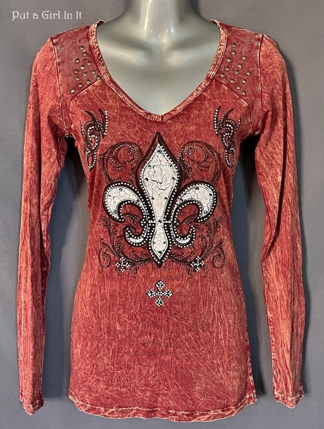 New Vocal Apparel Womens Crystal Embellished Studded Rust Mineral Dyed ...