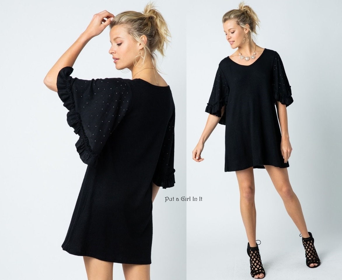 New Vocal Apparel Womens Soft Black Studded Stud Boho V Neck Flutter ...