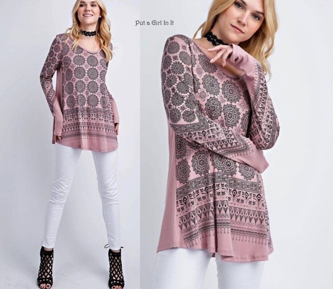 New Vocal Apparel Womens Crystal Embellished Mauve Pink Medallion Modal ...