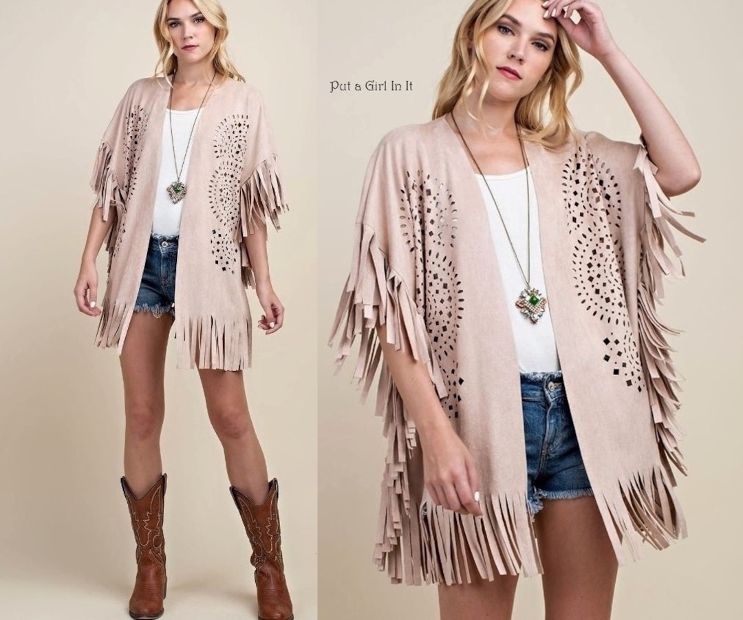 New Vocal Apparel Womens Rose Fringe Boho Cardigan Faux Suede Jacket S ...