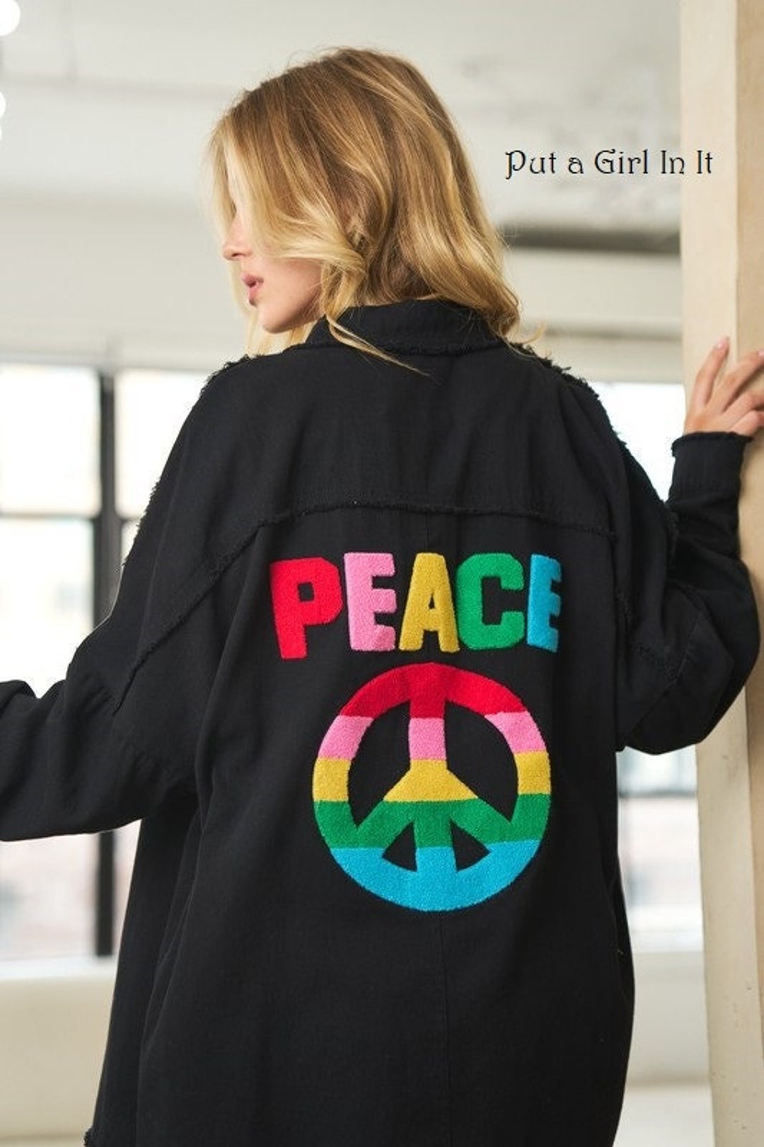 New Womens Soft Black Rainbow Peace Sign Distressed Oversized Utility ...