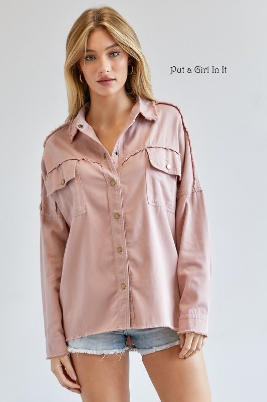 New Womens Blush Pink Peace Sign Distressed Utility Shacket Jacket S M ...