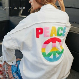 New Womens Soft White Rainbow Peace Sign Distressed Oversized Utility ...