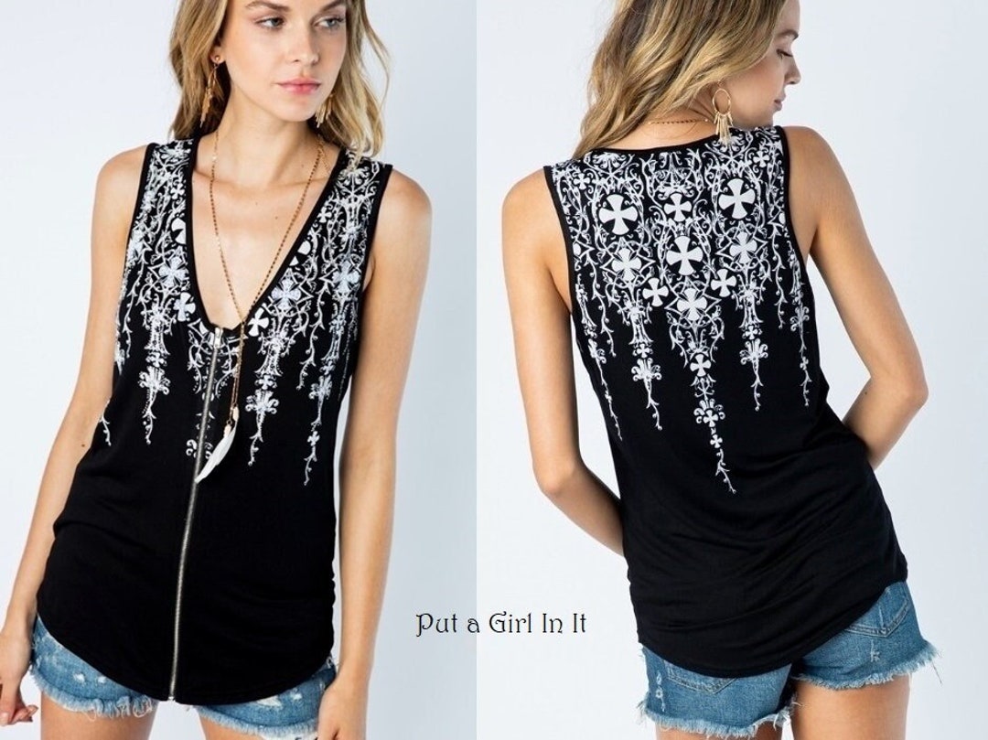 New Vocal Apparel Womens Embellished Black off White Cross Zipper ...