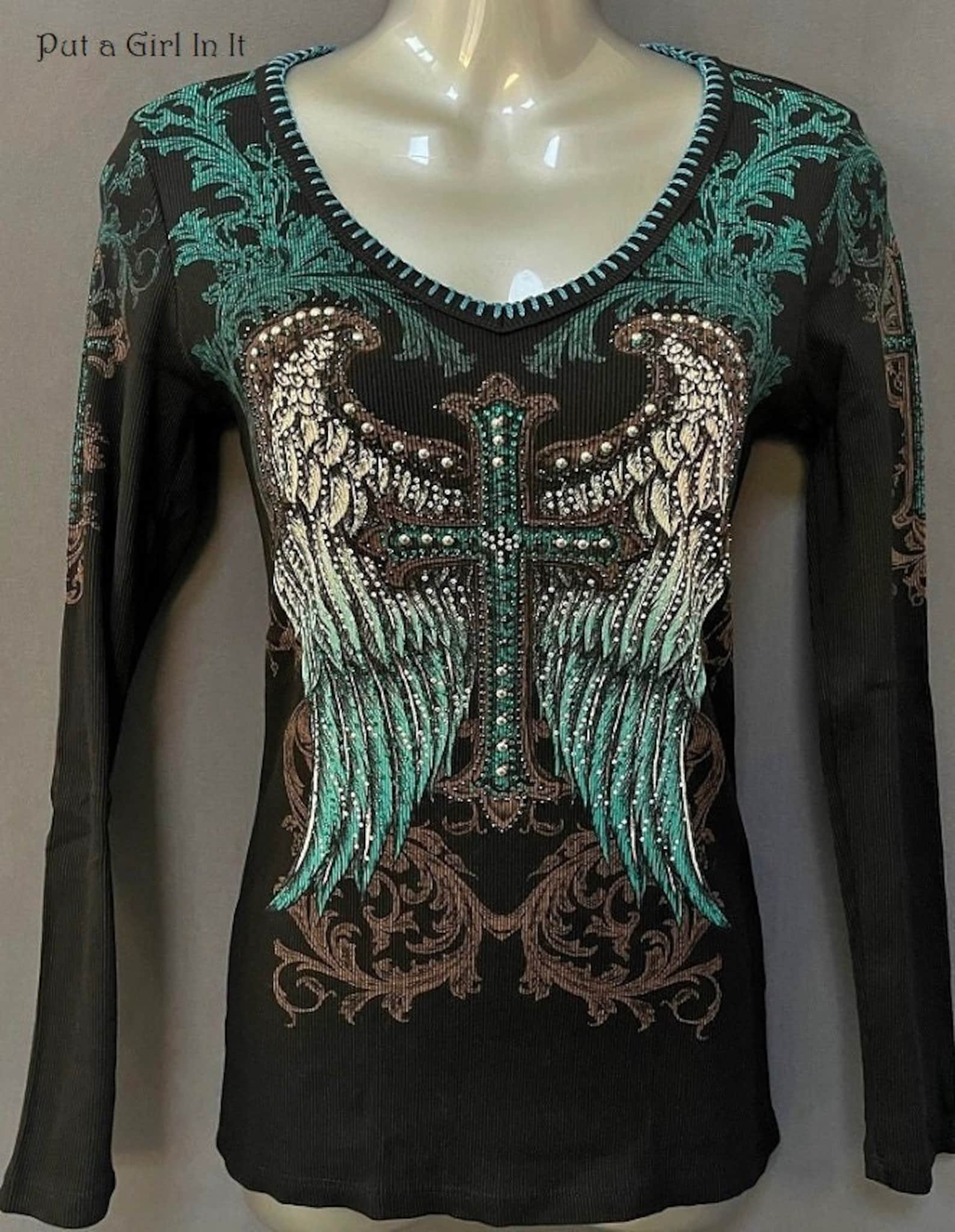 New Vocal Apparel Womens Crystal Embellished Black Cross Angel Wings ...