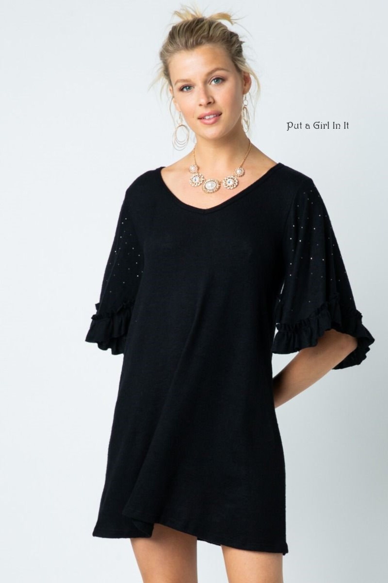 New Vocal Apparel Womens Soft Black Studded Stud Boho V Neck Flutter ...