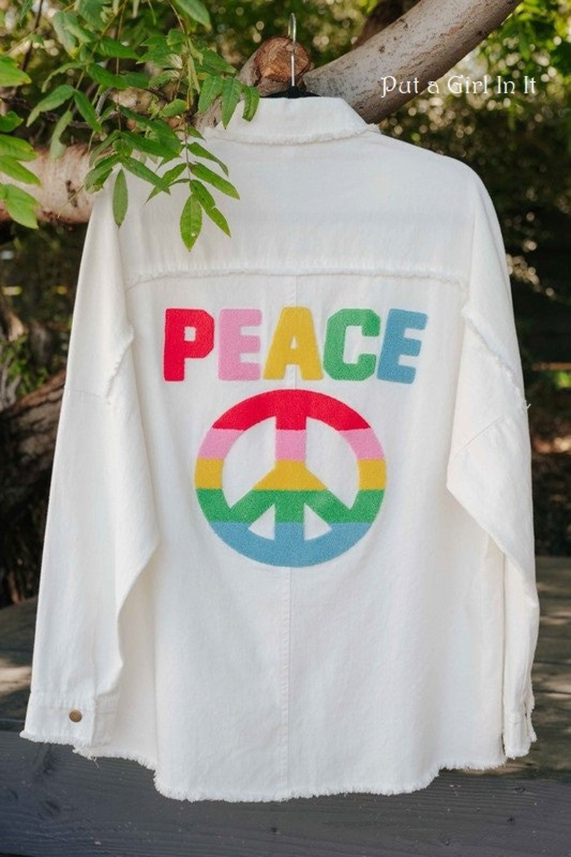 New Womens Soft White Rainbow Peace Sign Distressed Oversized Utility ...