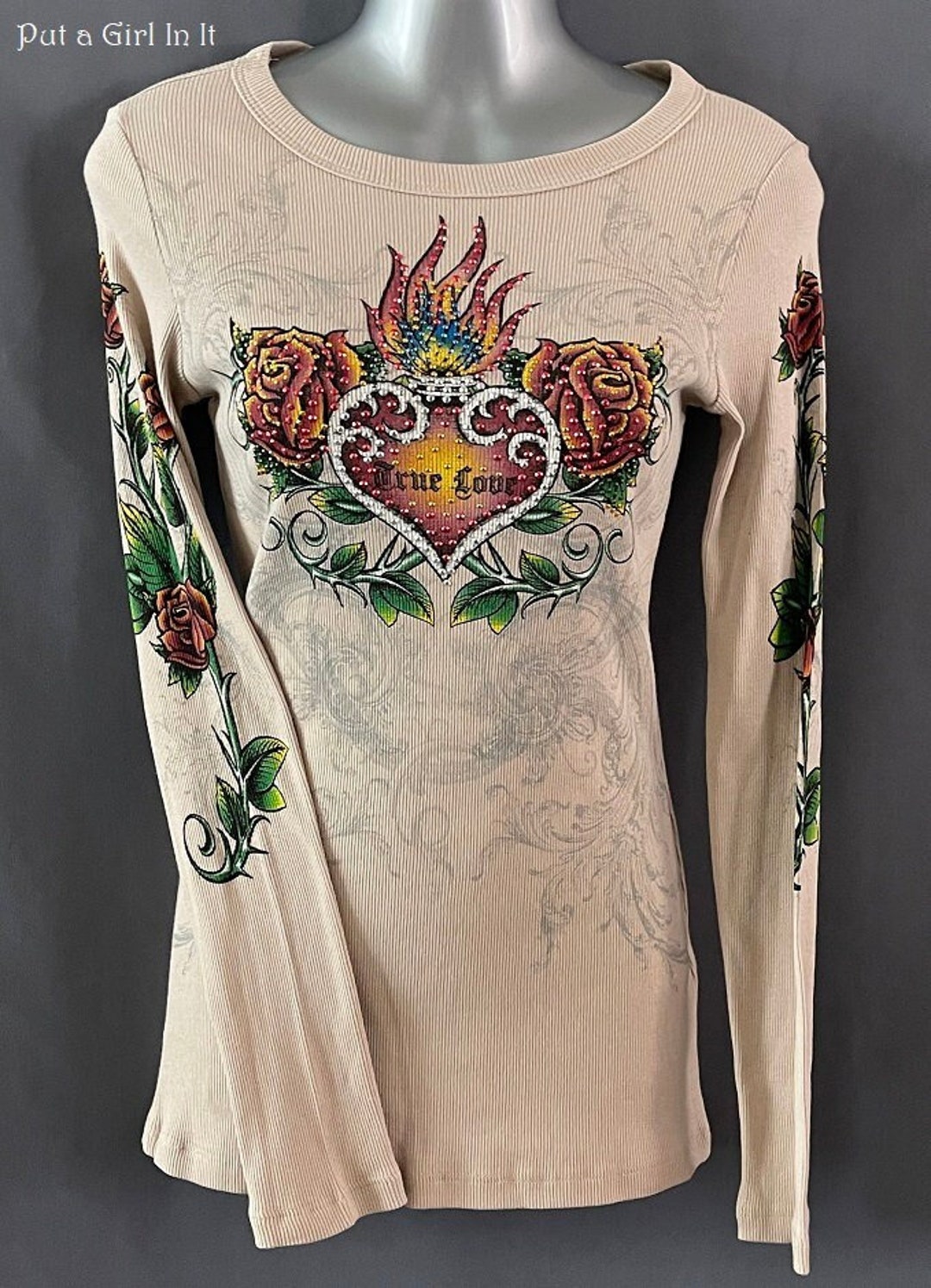 New Vocal Apparel Womens Crystal Embellished Taupe True Love Tattoo ...