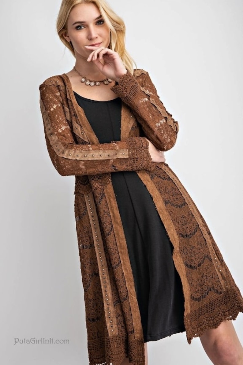 New Vocal Apparel Womens Embellished Studded Western Faux Suede Floral Lace Duster Cardigan ...
