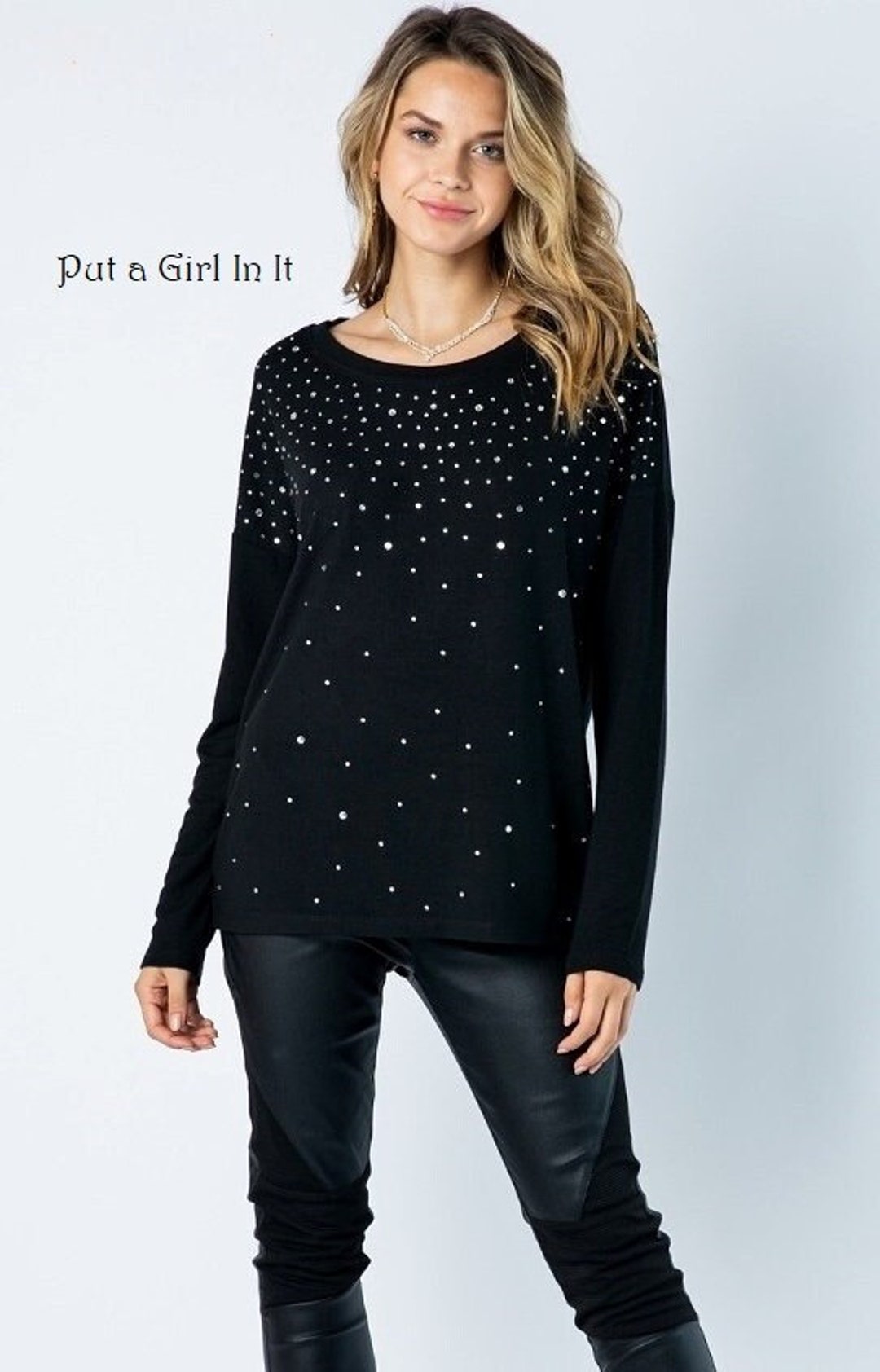 New Vocal Apparel Womens Black Crystal Embellished Classy Long Sleeve ...