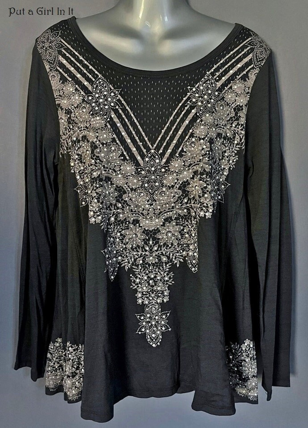 New Vocal Apparel Womens Black Crystal Embellished Floral Long Sleeve ...