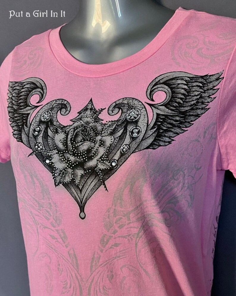 New Vocal Apparel Womens Retro Crystal Embellished Pink Rose Angel ...