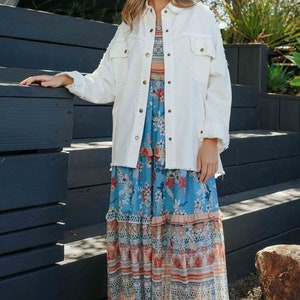 New Womens Soft White Rainbow Peace Sign Distressed Oversized Utility ...