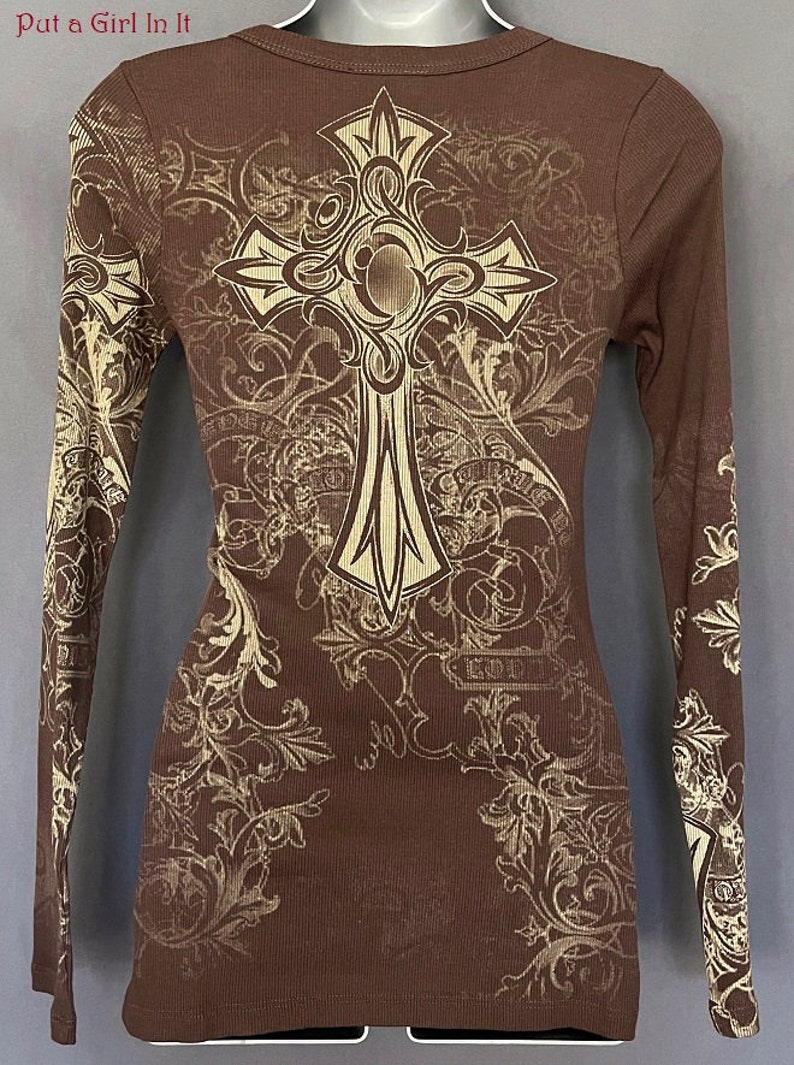 New Vocal Apparel Womens Crystal Embellished Brown Cross Tattoo Long ...