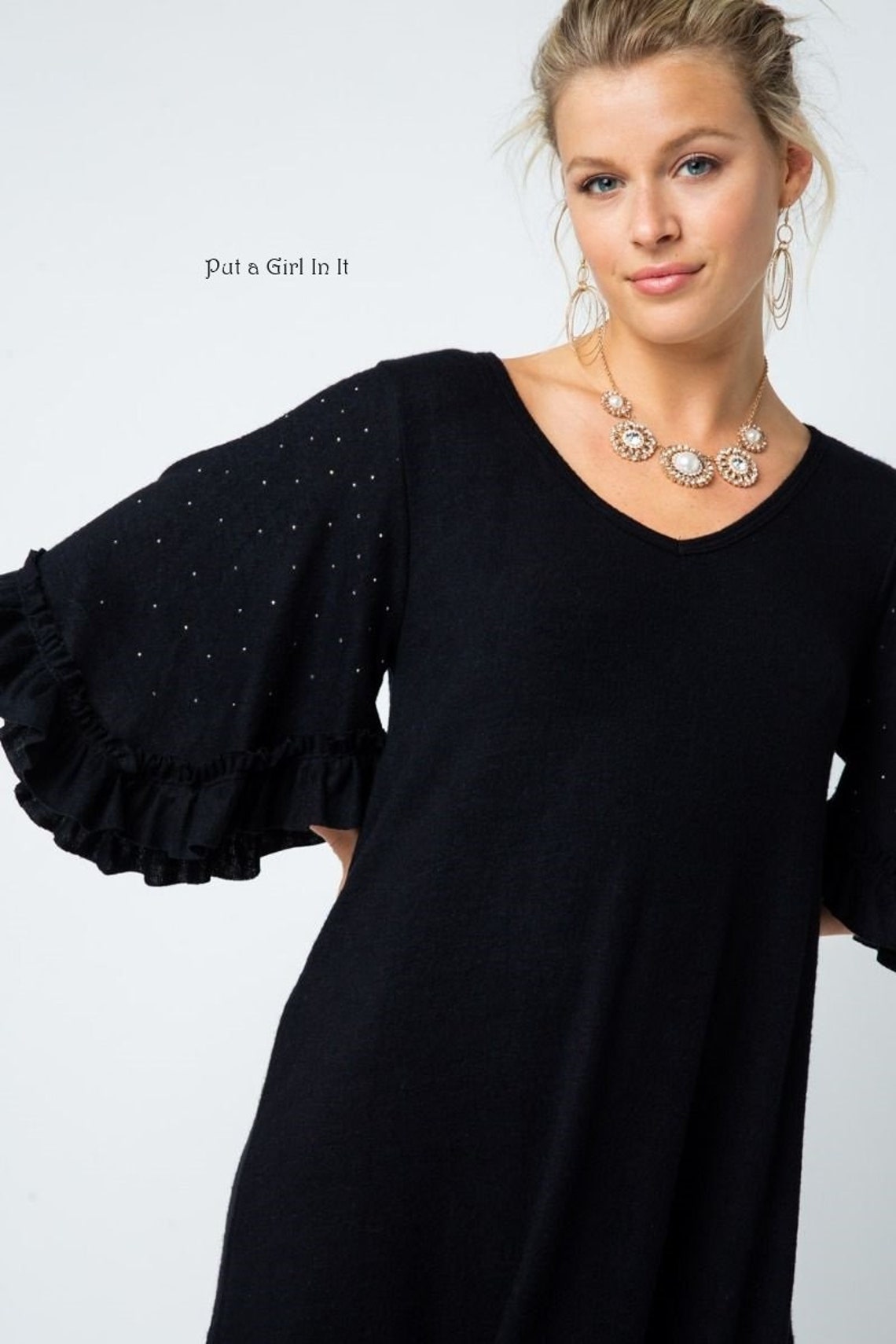 New Vocal Apparel Womens Soft Black Studded Stud Boho V Neck Flutter ...