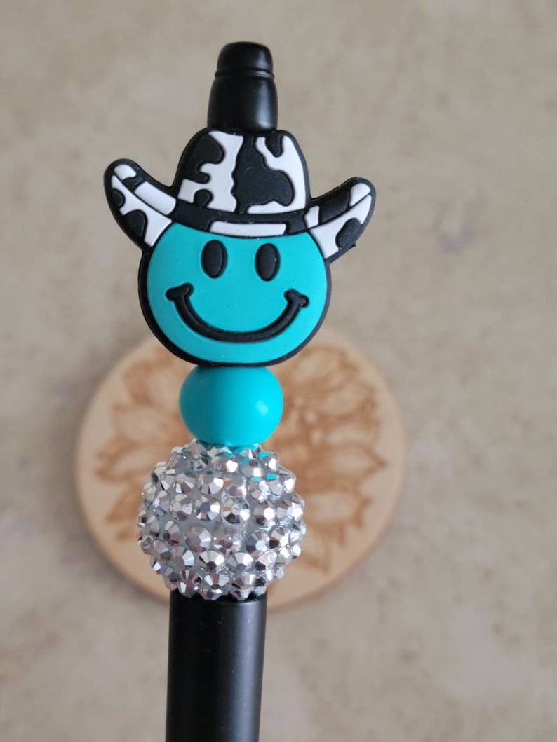 Smiley Face Pen Cowboy Smiley Face Cow Print Hat Rhinestone - Etsy