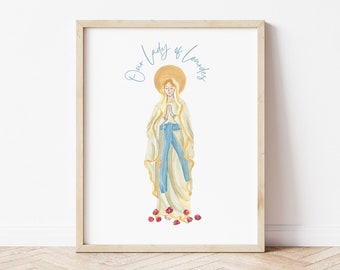 Mary Print Religious Watercolor Illustration, Our Lady of Lourdes ...
