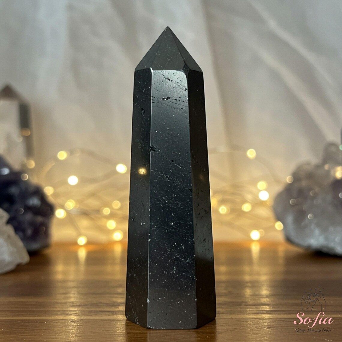 Shungite Tower - Black Gemstone Prism Single Point Crystal Tower Wand ...
