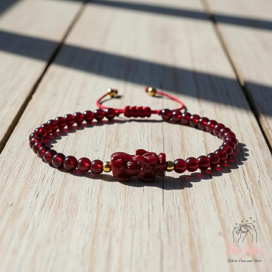 Natural Garnet Bracelet - Burgundy Garnet Stone Pixiu Charm Dainty ...