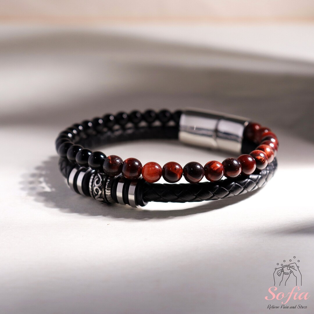Men's Protection Bracelet - Natural Obsidian Red Tiger's Eye Stone ...