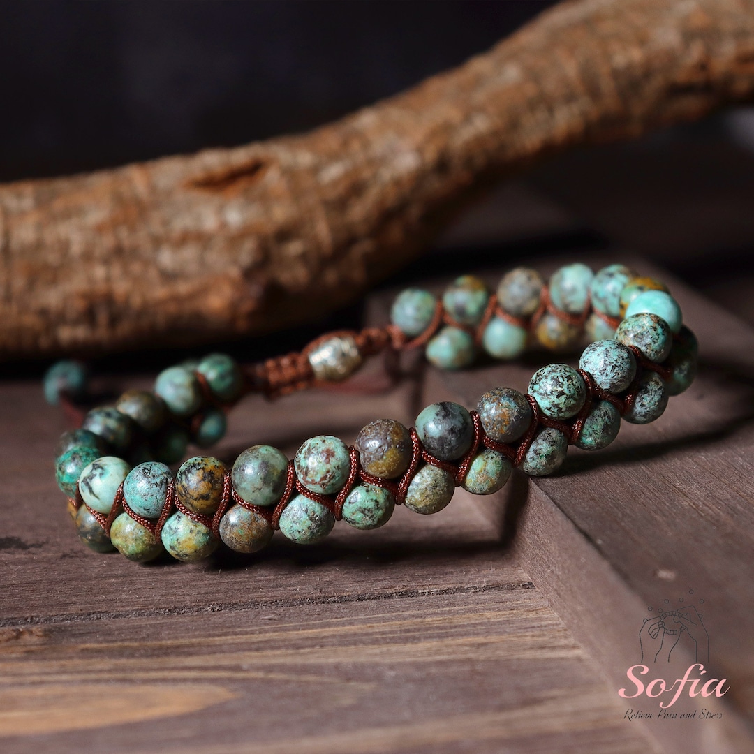 Natural African Turquoise Bracelet - Green Turquoise Stone Braided ...