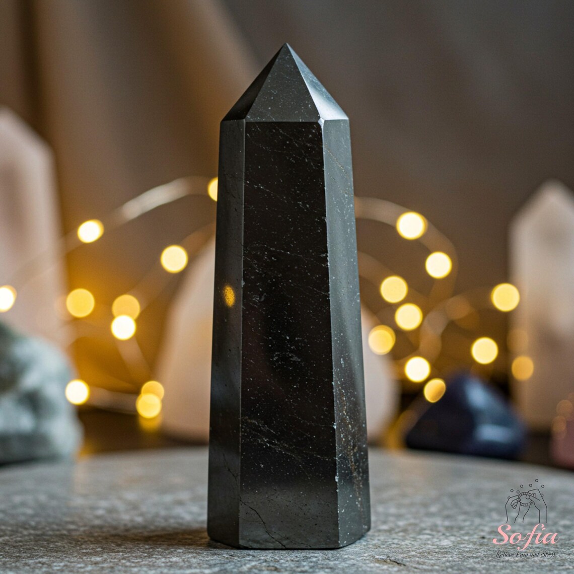 Shungite Tower - Black Gemstone Prism Single Point Crystal Tower Wand ...