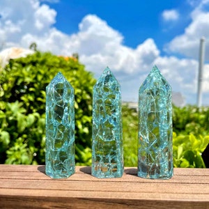 Blue Crackle Glass Gemstone Tower - Blue Stone Crystal Single Point ...