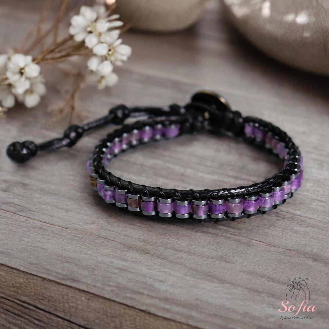 Natural Amethyst Bracelet - Purple Crystal Hematite Ladder Bracelet ...
