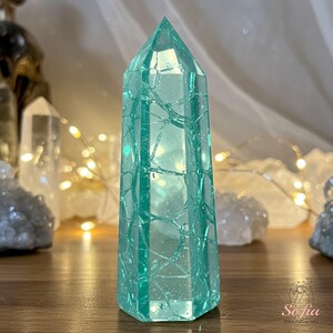 Blue Crackle Glass Gemstone Tower - Blue Stone Crystal Single Point ...