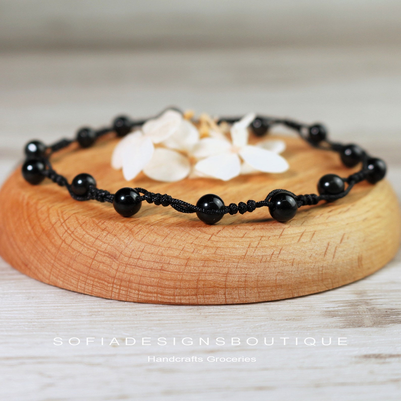 Obsidian Stone Anklet Bracelet - Natural Black Gemstone Crystal Braided ...