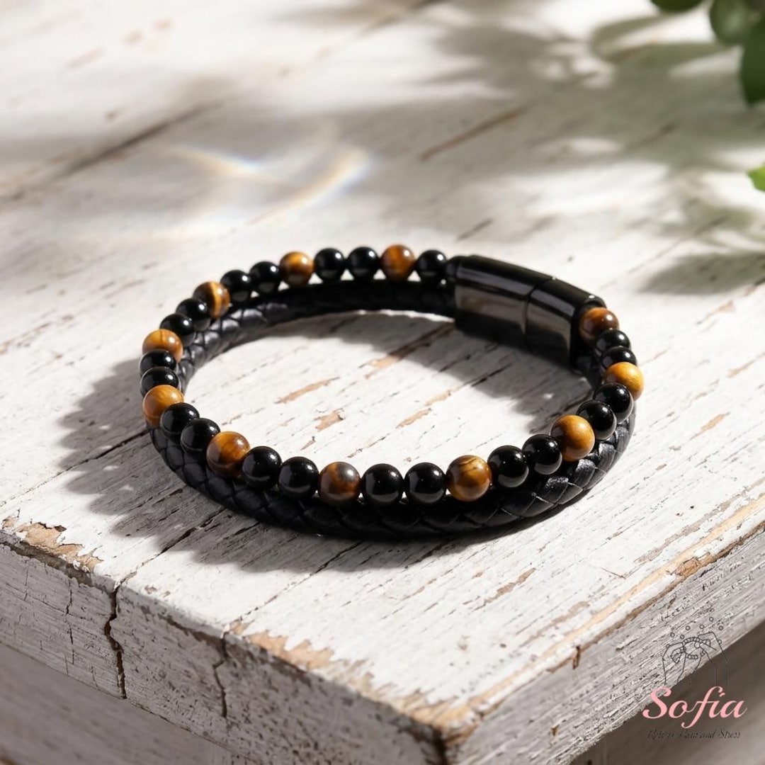 Mens Bracelet - Obsidian Tige's Eye Stone Bracelet - Leather Braided ...