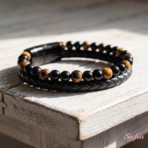 Mens Bracelet - Obsidian Tige's Eye Stone Bracelet - Leather Braided ...