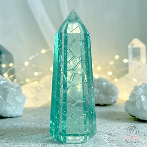 Blue Crackle Glass Gemstone Tower - Blue Stone Crystal Single Point ...
