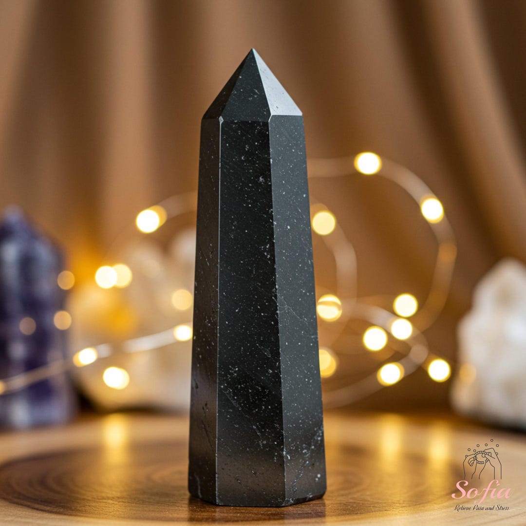 Shungite Tower - Black Gemstone Prism Single Point Crystal Tower Wand ...