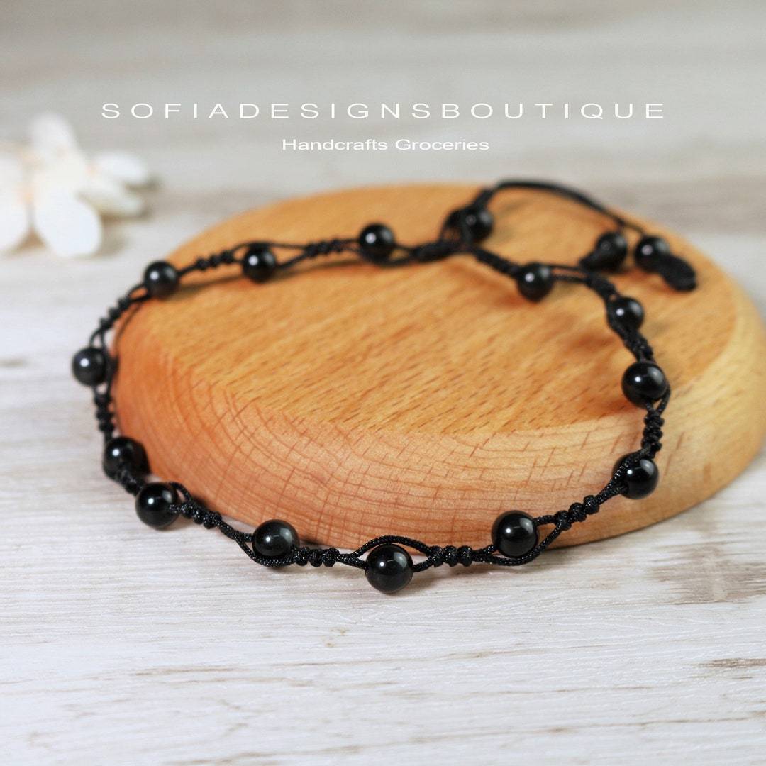Obsidian Stone Anklet Bracelet Natural Black Gemstone Crystal Braided ...