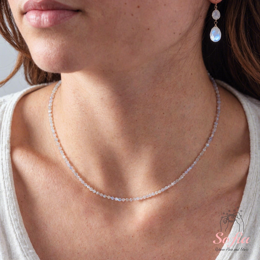 Moonstone Choker, Stone Beaded Necklace Gray Clear Crystal Choker ...
